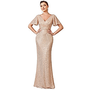 Ever-Pretty Women's Double V-Neck Short Sleeves Empire Waist Sequin Memaid Formal Dresses Rose Gold US4