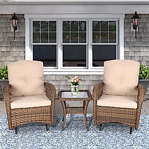VIVIJASON 3-Piece Outdoor Patio Furniture Set, Outdoor Wicker Glider Rocking Chairs Rattan Conversation Bistro Sets w/ 2 Rattan Cushioned Chairs and Glass Top Side Table for Porch Backyard