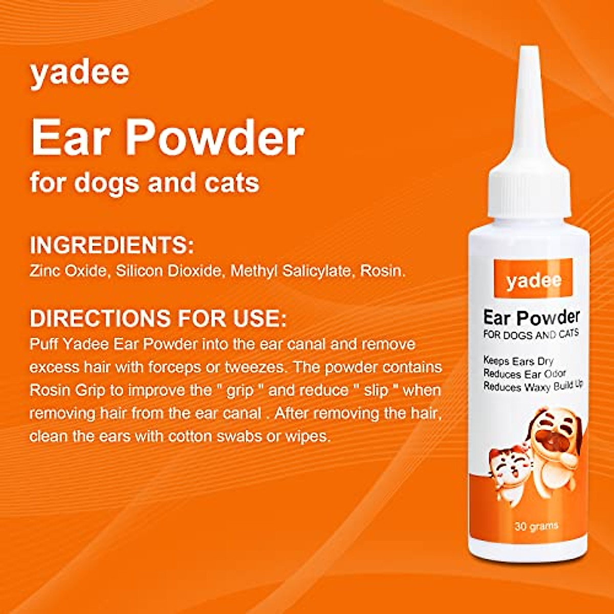 yadee Dog Ear Powder, Ear Hair Removal for Dogs Cats, 30gm Ear Cleaner Fresh Powder with Tweezers & Large Cotton Swabs, Remove Ear Wax & Odor for Pets