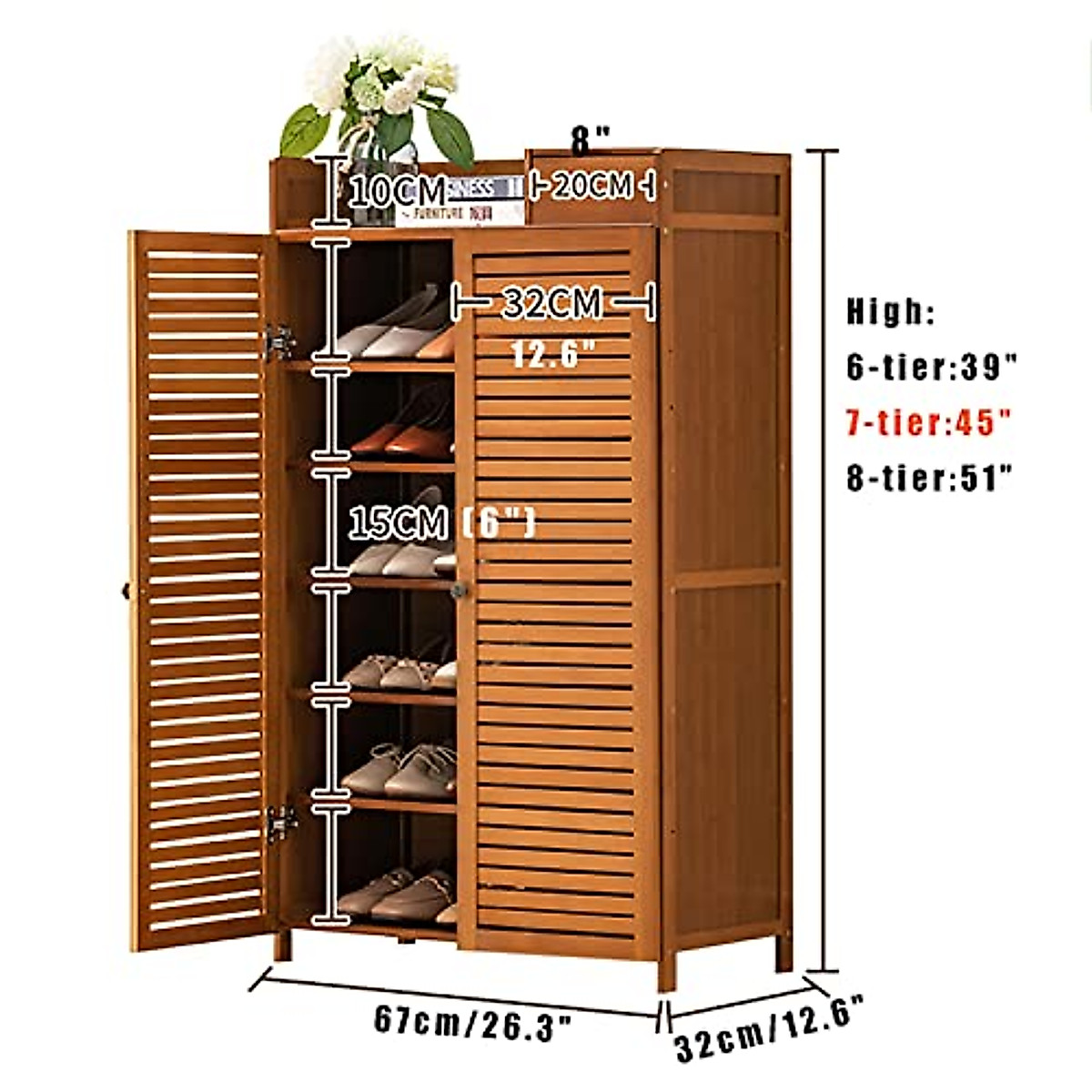 QQXX Bamboo Shoe Cabinet,Rustic Entryway Shoe Storage Cabinet Shoe Rack Cabinet,Shoes Cabinet with Doors and Drawer,Farmhouse Shoe Organizer for Hallway Bedroom Closet(26 * 13 * 45", Brown)