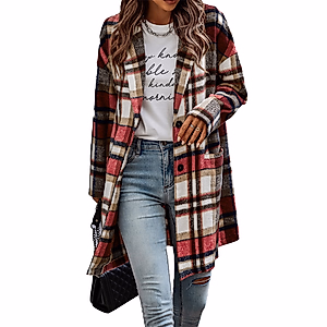 PRETTYGARDEN Women's Plaid Shacket Jacket Trendy Casual Button Wool Blend Winter Tartan Trench Coat with Pockets (Red,Large)
