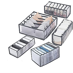 Fitster Wardrobe Clothes Organizer- 5 pieces 7 to 11 Grids- socks, Bra, Pants, Shirts, and Legging organizers (Gray)