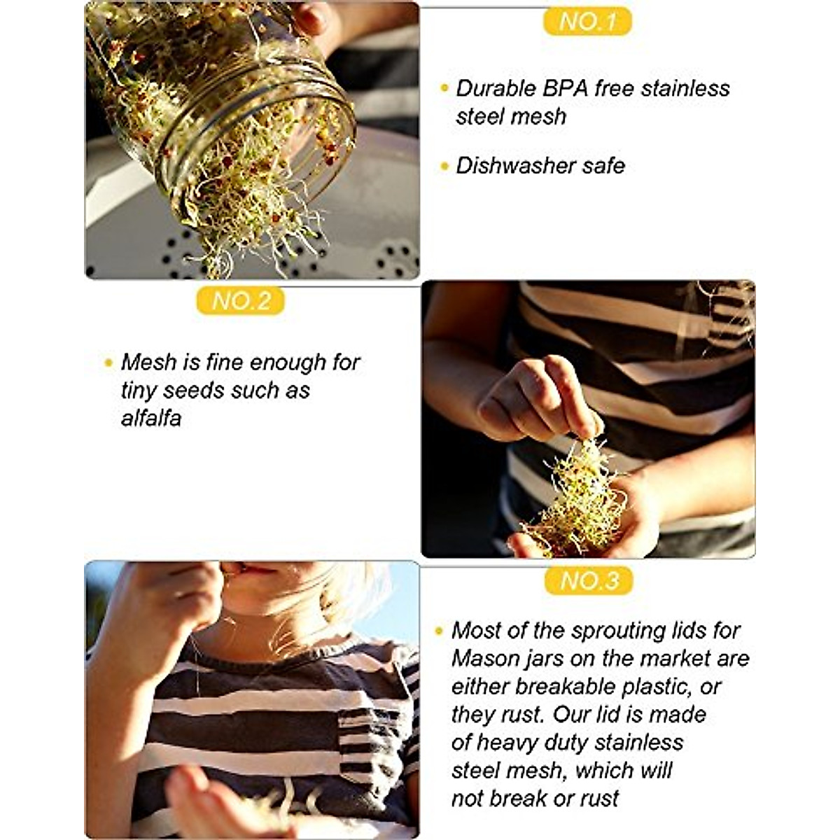 Sprouting Jar Strainer Lid - For Growing Organic Sprouts & Sprouter Screens - 304 Stainless Steel