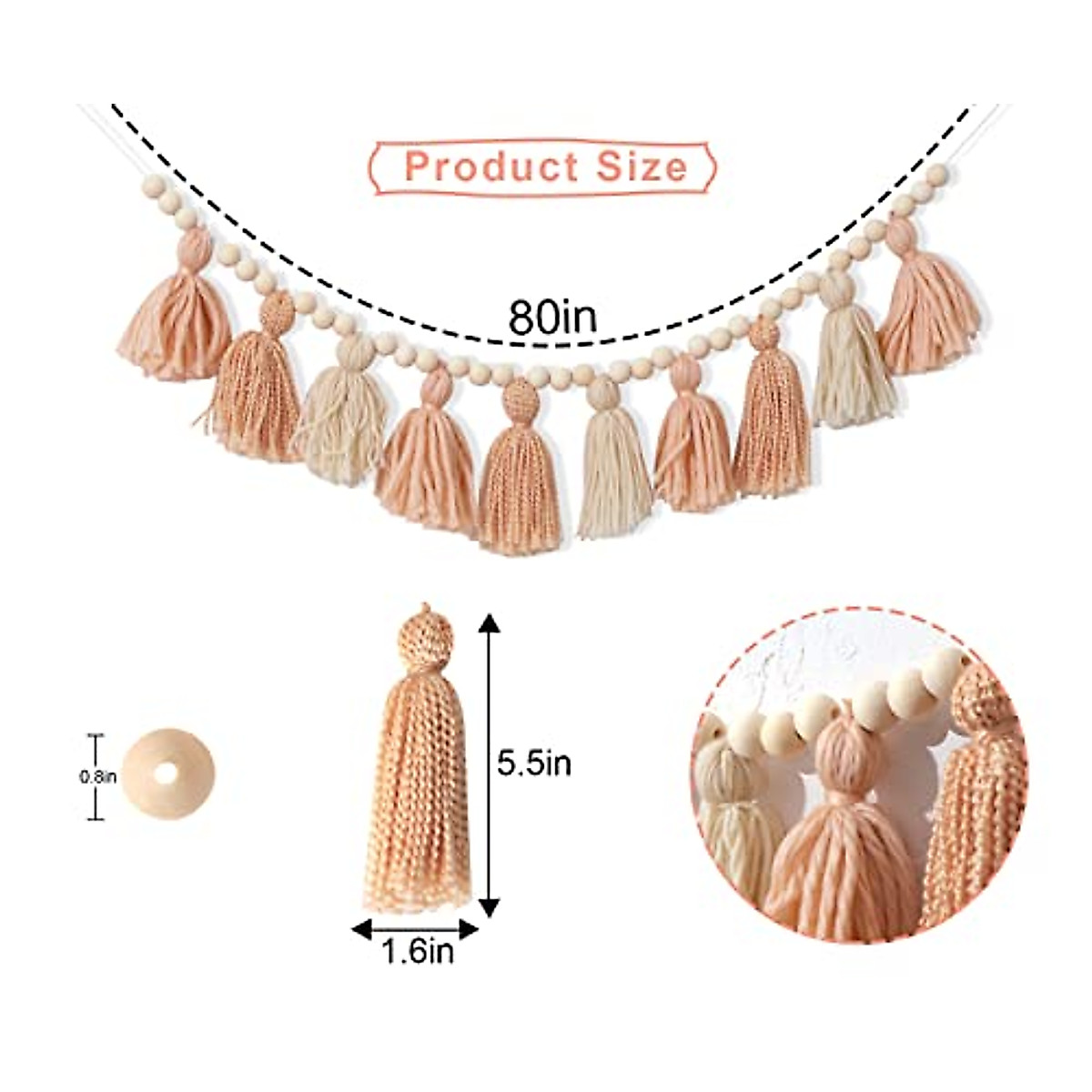Tassel Wood Bead Garland Banner - Boho Garland Decor with, Girl Birthday Decor Cake Smash Prop，Wall Hangings Decorative for Kids Bedroom Nursery Party Holiday Classroom Decoration