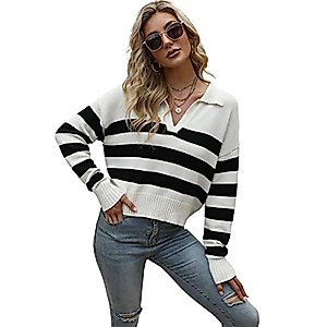 SHENHE Women's Casual Long Sleeve Knit Sweater V Neck Striped Pullover Jumper Tops White L