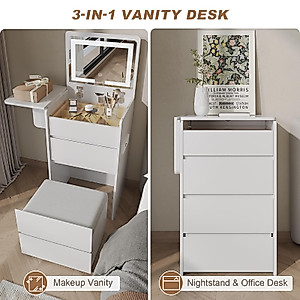 HIMAmonkey Small Makeup Vanity with Mirror and Lights, 3-in-1 Vanity Desk with 3 Drawers, Corner Vanity Set with Soft Stool, Compact Dressing Table for Living Room/Bedroom-19.7in/White