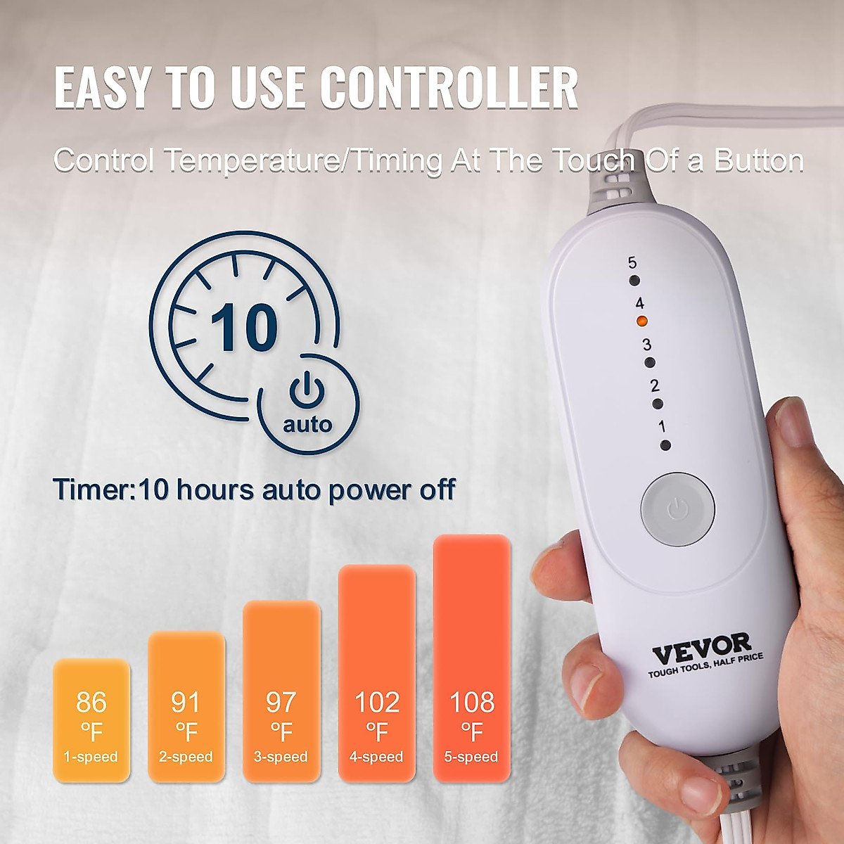 VEVOR Heated Mattress Pad, 39 x 75 in, Electric Bed Warmer with 1-5 Heat Settings Control, 10-Hour Auto Shut Off, Machine-Wash Breathable Coral Fleece Heating Electric Mattress Sheets, White