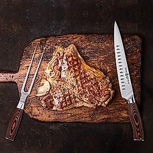 TUO Slicing Set - 9" Carving Knife & 7" Fork - Hollow Ground German Stainless Steel Carving Knife and Fork Set 2 Pcs - Pakkawood Handle - Luxurious Gift Box Included - Fiery Phoenix Series