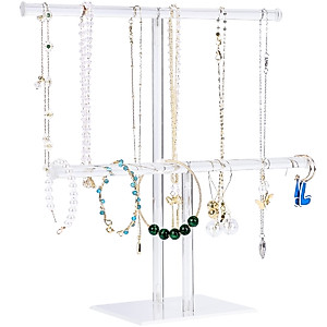 Jewelry Stand Necklace Holder, Acrylic Jewelry Display Holder, Necklace and Bracelet Hanging Organizer, Clear 2-Tier Tower Stand for Bangles, Necklaces, Bracelets, Rings, Earrings and Watch