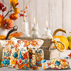 200 Pack Thanksgiving Cellophane Bags Fall Treat Bags with 200 Twist Ties Autumn Pumpkin Maple Leaves Plastic Candy Goodie Bags Fall Harvest Thankful Snack Bags for Thanksgiving Party Favor Supplies