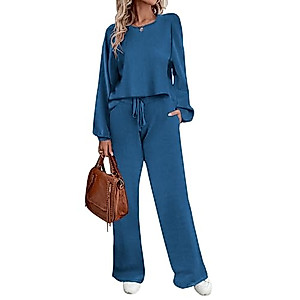 Ekouaer Knit Lounge Sets for Women 2 Piece Cozy Long Sleeve Pullover Sweater Top and Wide Leg Pants Set Pajamas Outfits Blue
