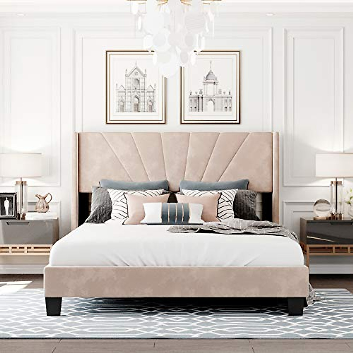 Woanke Queen Size Platform Bed, Velvet Upholstered Bed Frame with Headboard, Box Spring Needed, Beige