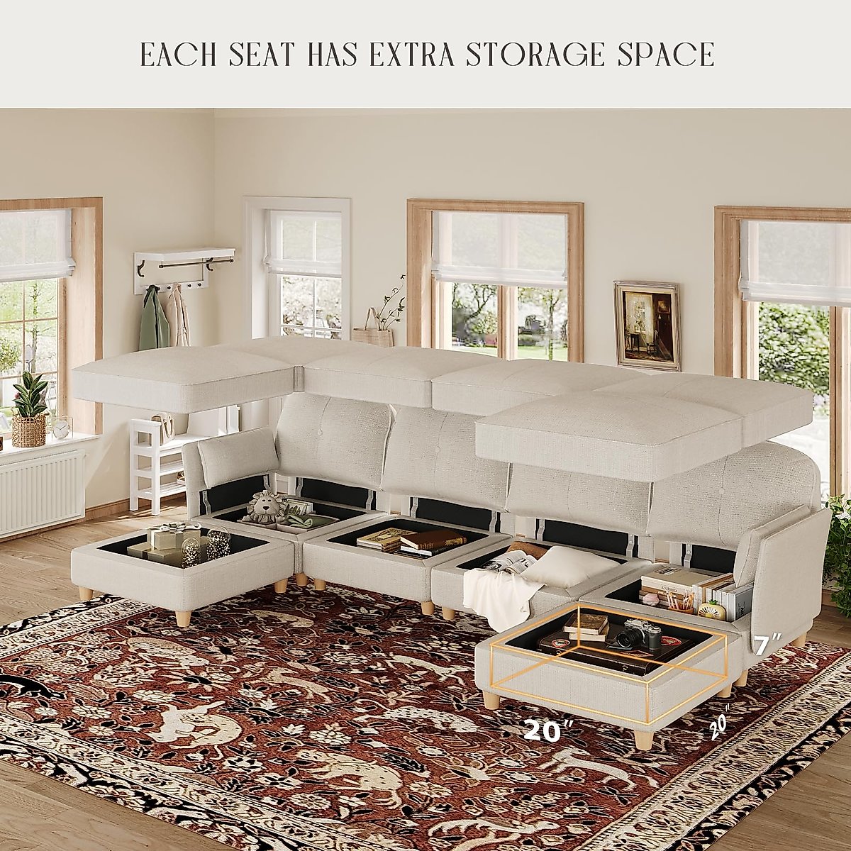 LLappuil Oversized Modular Sectional Fabric Sofa Set, Extra Large L Shaped Couch Reversible Chaise Modular Sectional Couch, 113.5 inch Width,8 Seat Modular Sofa with Storage Ottoman, Linen,Off White