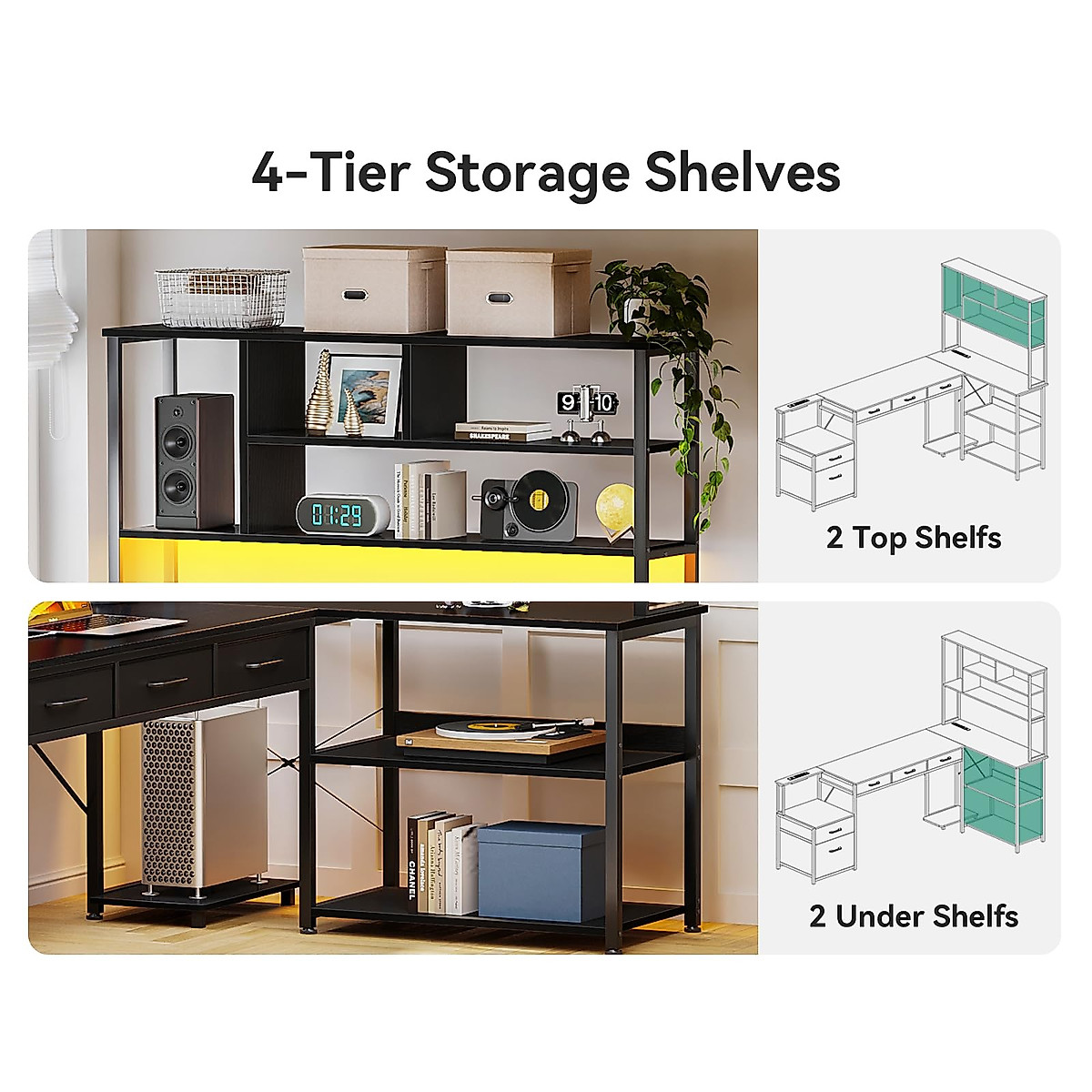 AODK 79 inch L Shaped Desk with File Drawers, Reversible L Shaped Gaming Desk with Power Outlets & LED Lights, Computer Desk with Storage Shelves for Home Office, Black