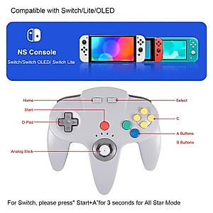 KIWITATA Wireless N64 Controller Compatible with Switch/Lite/OLED, 2.4GHZ N64 Remote Wireless Switch Game Joystick Controller Gamepad for N64 /Switch Console, Raspberry Pi, PC Windows 7,8,10,11 Gray