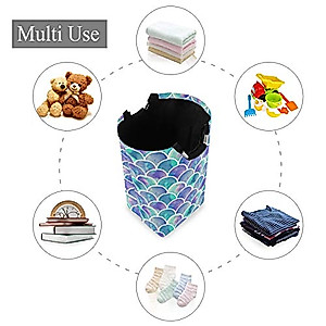 Ollabaky Large Foldable Laundry Hamper Bag with Handles, Mermaid Scales Laundry Basket Box Big Storage Organizer for Family, Dormitory, Washhouse