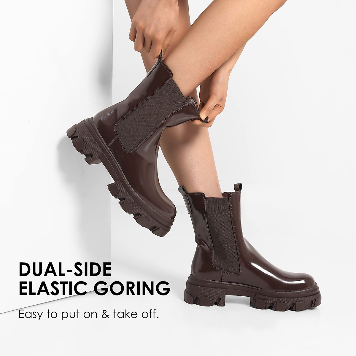 DREAM PAIRS Women's Platform Chelsea Boots Lug Sole Combat Mid Calf Slip On Chunky Ankle Booties,Size 10,Brown,DMB212