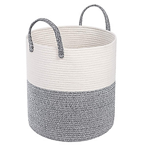 SONGMICS Woven Cotton Rope Basket, Toy Storage Bin with Handles, Blanket Storage for Pillows, Clothes in Living Room, Bedroom, Gray and Beige ULCB440G01