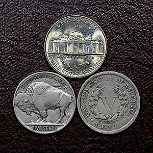 Old U.S. Nickels 3 Coin Collection Set - Liberty Head Nickel, Buffalo Nickel, Jefferson Silver War Nickel