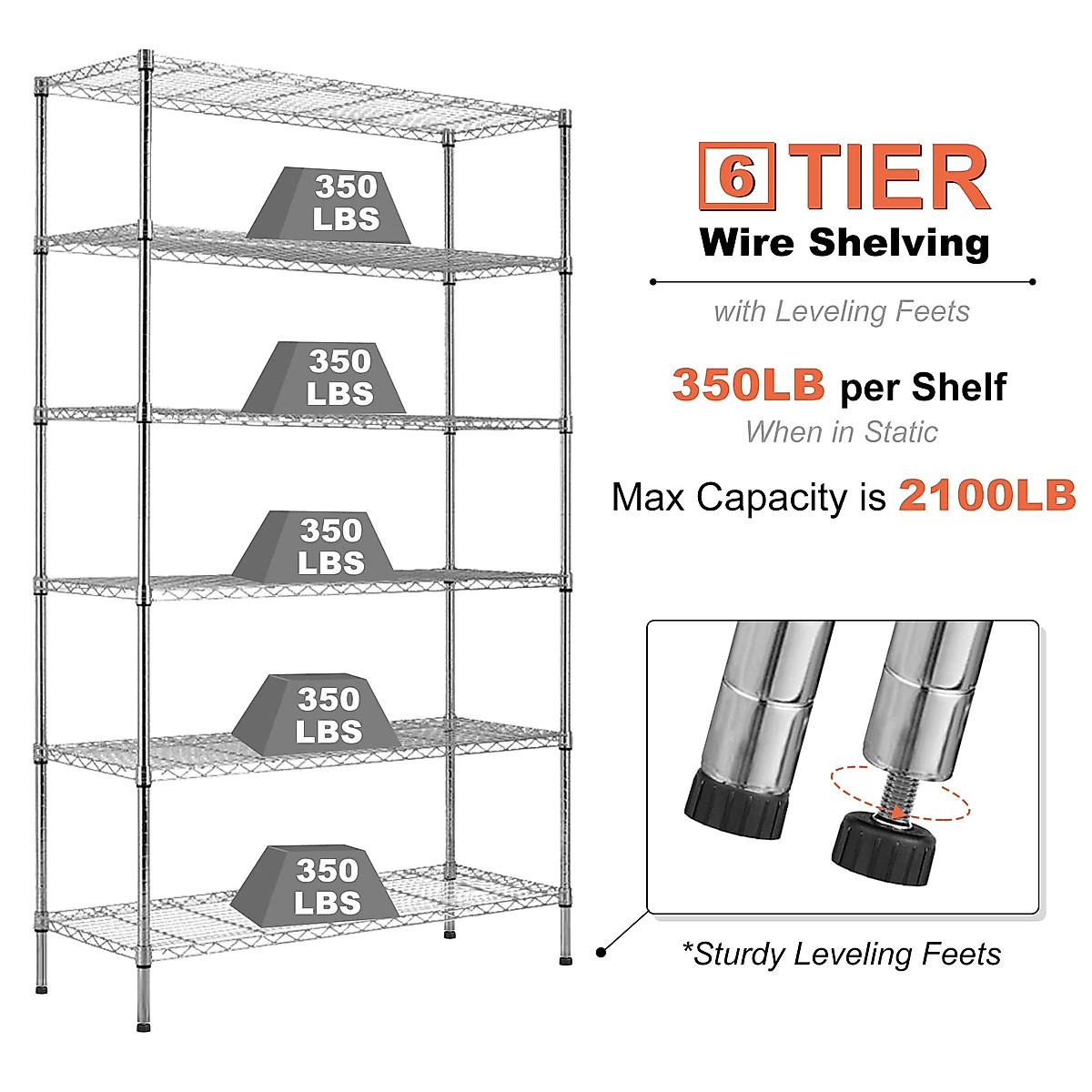 Heavy Duty Storage Shelves Hold 2100LBS Metal Shelves with Wheels Adjustable 6 Tier Wire Shelving Unit NSF Shelving for Closet Kitchen Garage Basement, 82" H x 48" L x 18" D- Chrome