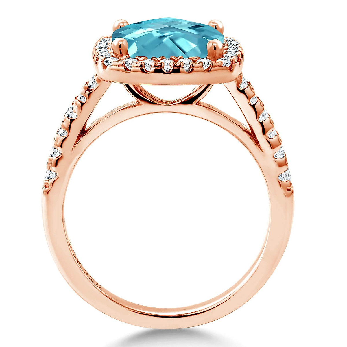 Gem Stone King 3.25 Ct Cushion Checkerboard Swiss Blue Topaz White Created Sapphire 18K Rose Gold Plated Silver Ring (Size 7)