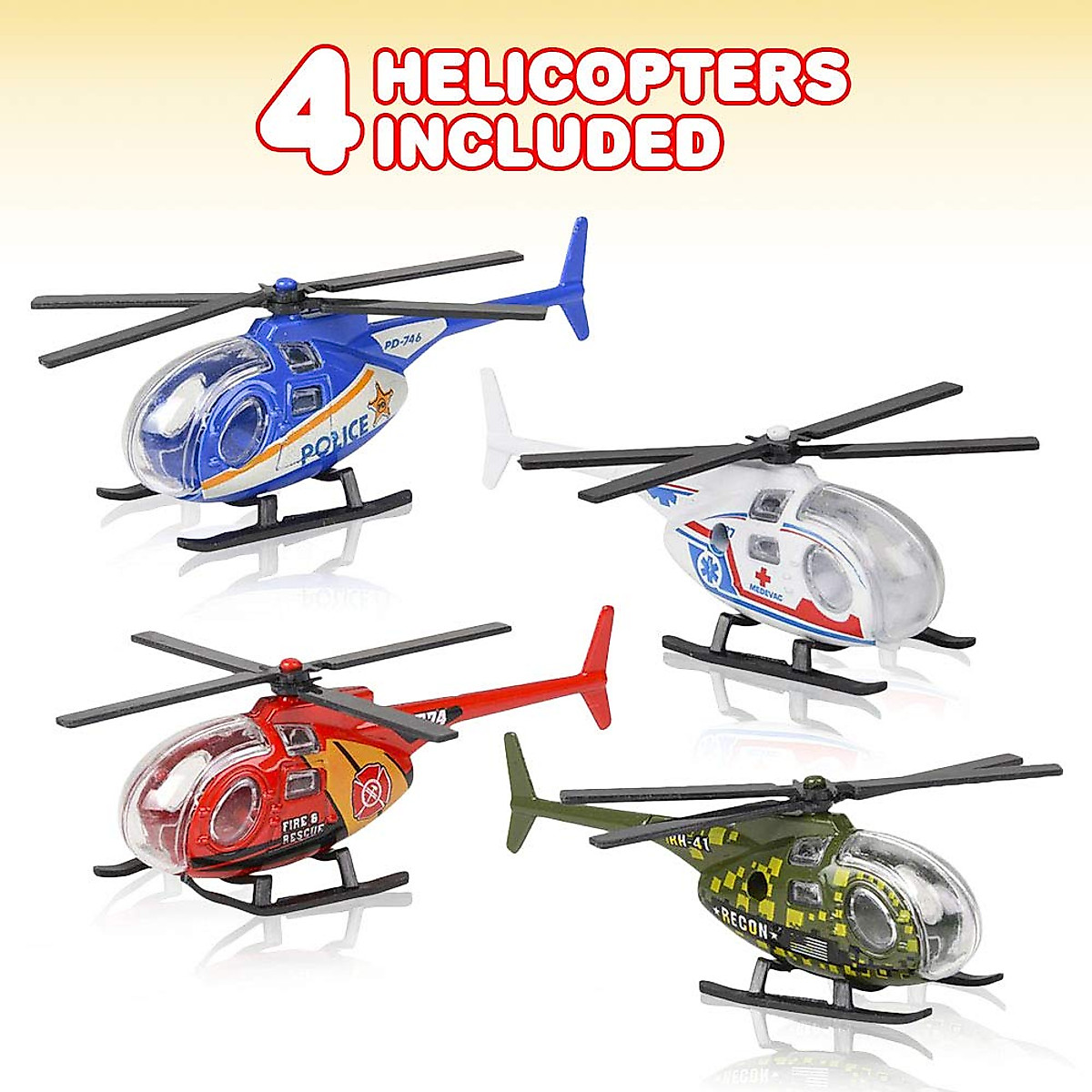 ArtCreativity Diecast Helicopters - Pack of 4 - Police, Fire Engine, EMS, and Military Diecast Toy Choppers with Spinning Propellers, Birthday Party Favors for Boys and Girls