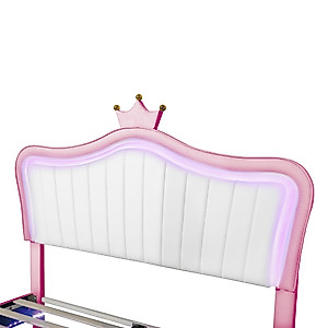 Queen Size Upholstered Princess Bed Frame with LED Lights and Crown Headboard,for Kids Boys Girls Teens Bedroom Use (Queen, White+Pink@LED Lights-)