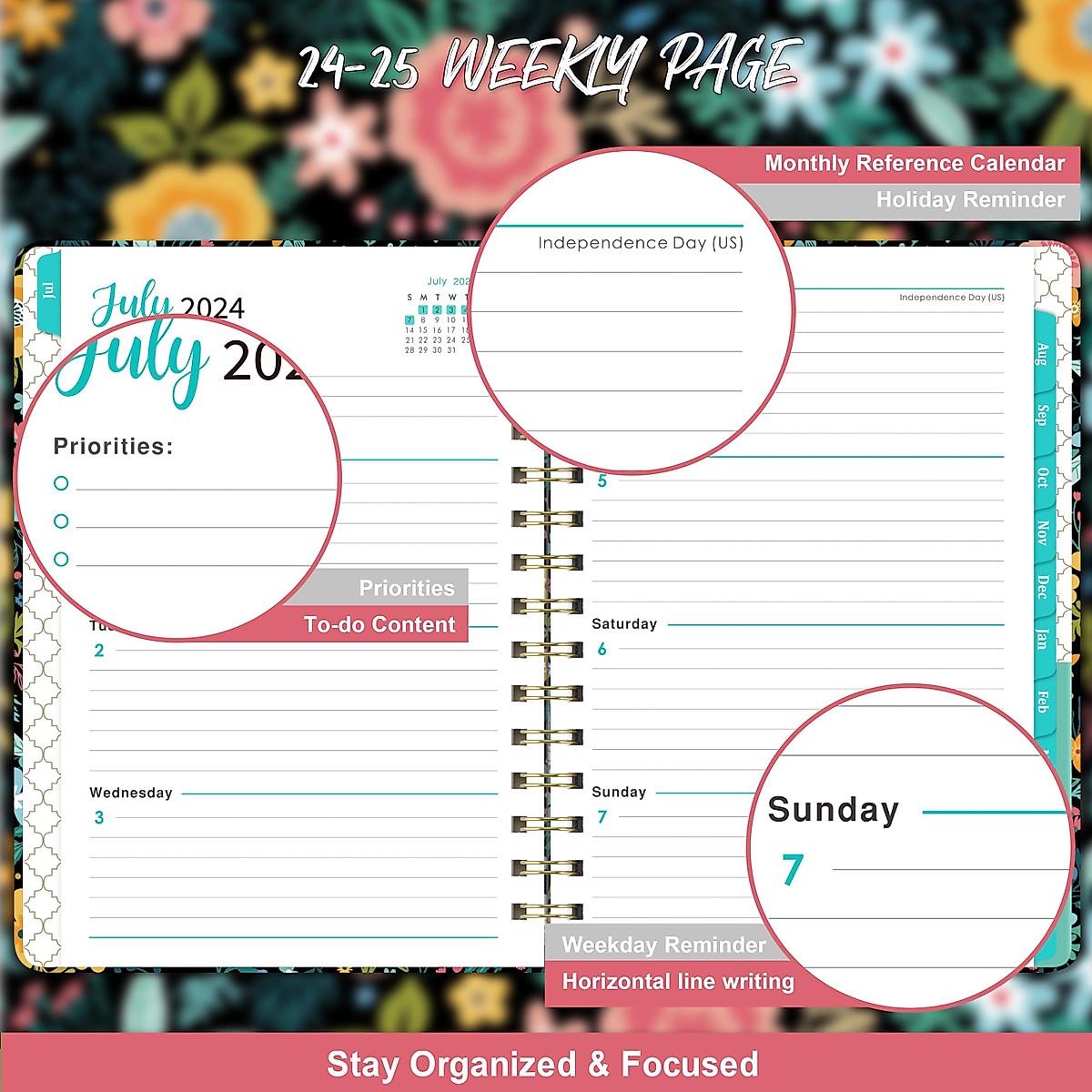 2024-2025 Planner - Planner 2024-2025, July 2024 - June 2025, Weekly & Monthly Planner with Tabs, 6.37" x 8.46", Hardcover + Inner Pocket + Thick Paper - Colorful Flower