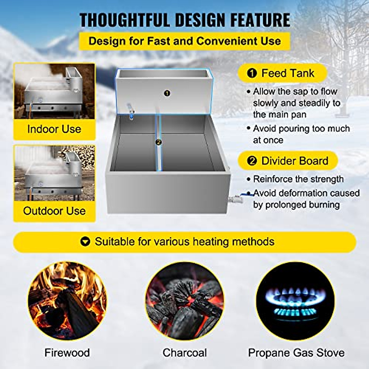 VBENLEM Maple Syrup Evaporator Pan 36x24x18.5 Inch Stainless Steel Maple Syrup Boiling Pan with Valve and Thermometer and Divided Pan and Feed Pan