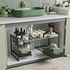 NETEL Under Sink Organizer, Expandable Cabinet Shelf Organizer 2 Tier Under Bathroom Storage Rack with Removable Panels,Multi-Use for Under Kitchen Bathroom Sink Organizers and Storage