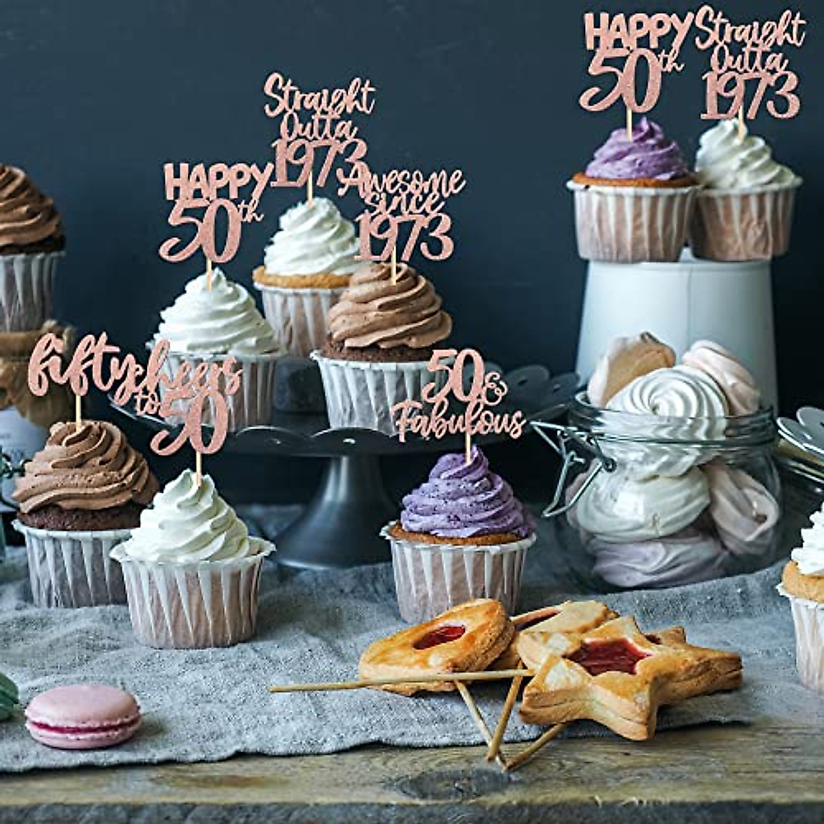 24 PCS Happy 50th Birthday Cupcake Toppers Glitter Fifty Straight Outta 1973 Cupcake Picks Cheers to 50 Fabulous Awesome Since 1973 Cake Decorations for 50th Birthday Party Supplies Rose Gold