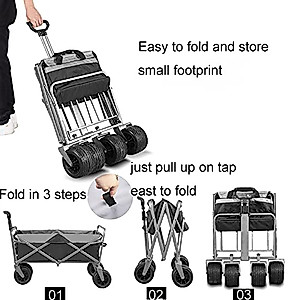 Outdoor Collapsible Wagon Portable Beach Cart,Adjustable Rolling Carts with Big Wheels/Two Chairs/Desktop,for Beach, Shopping (Black) (White)