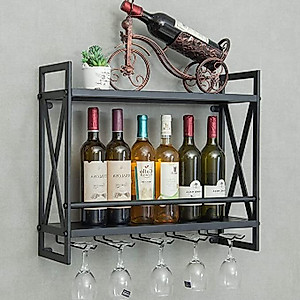 Industrial 2-Tier Wall-Mounted Wine Rack, Wood Shelf, 5 Stem Glass Holders for Wine Glasses, Wall Mount Bottle Holder Glass Rack, Wood Shelves, Metal Frame