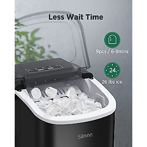 Silonn Ice Makers Countertop, 26Lbs/24H, Self-Cleaning Ice Machine, 9 Cubes Ready in 6 Mins, 2 Sizes of Bullet Ice for Home Kitchen Office Bar Party,Black