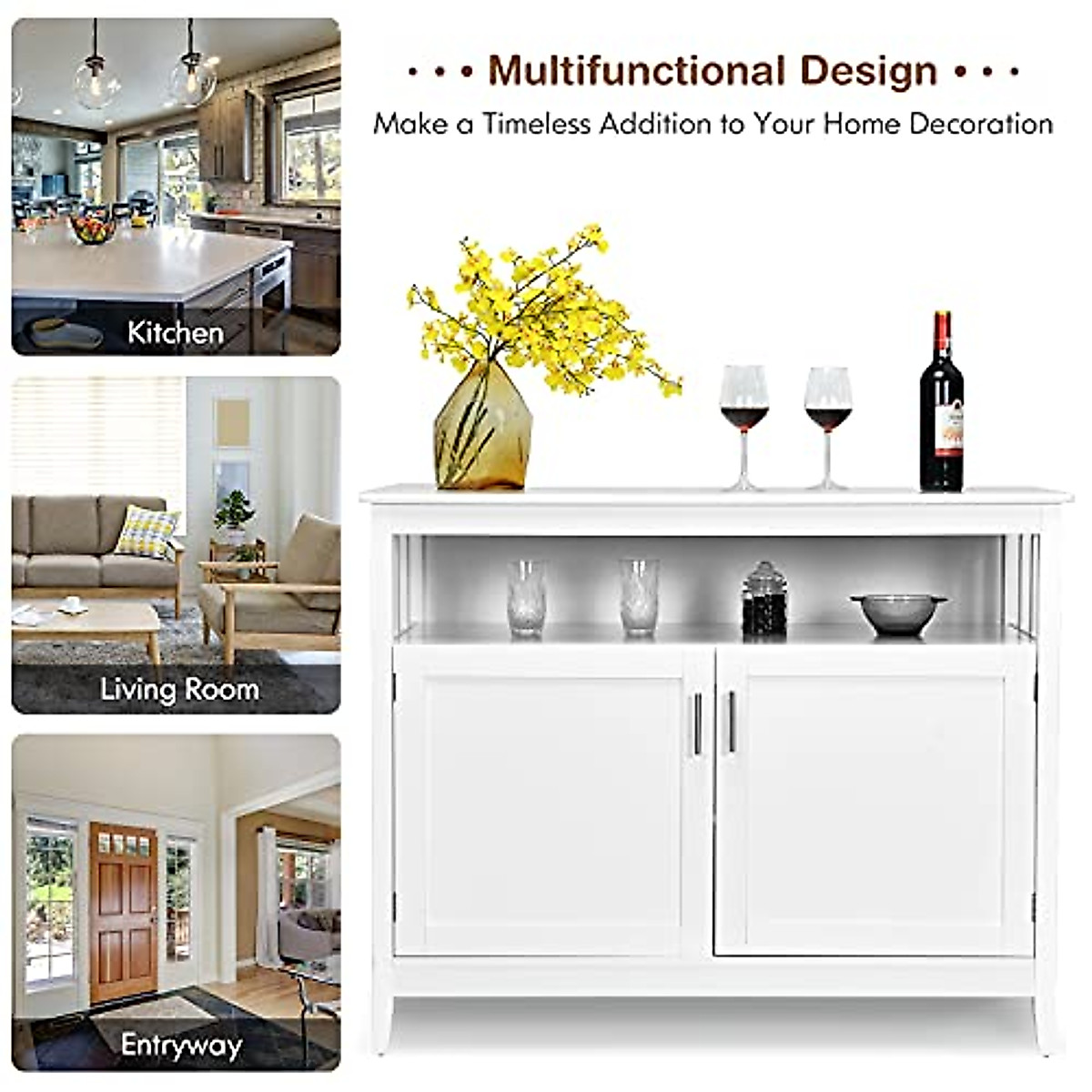 Costzon Kitchen Sideboard Storage Cabinet, Wooden Server Buffet Mid Century Modern Sideboard, Free Standing Narrow Storage Cupboard with 2-Level Open Adjustable Shelf for Home Living Room (White)