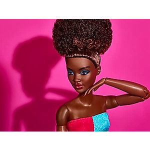 Barbie Looks Doll with Natural Black Hair in Color Block Crop Top & Raspberry Flare Pants, Posable Made to Move Body For 6 years and older