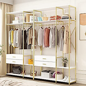 Homsee Extra Tall Clothes Rack, Heavy Duty Closet Garment Rack with Shelves and Drawers, Freestanding Metal Closet Organizer Wardrobe with Hanging Rods for Hanging Clothes, White & Gold