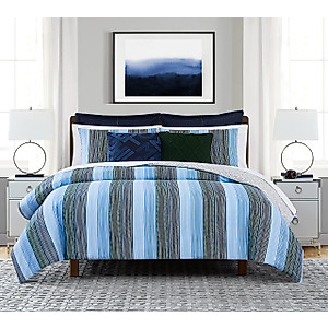 Tommy Hilfiger Tommy Explorer Stripe 200 TC Percale Set of 3 Duvet Set, Full/Queen Size, 100% Cotton (Denim/Green)