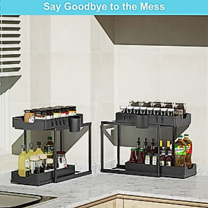 VerkTop Under Sink Organizer, 2-Tier Sliding Under Bathroom Cabinet Storage Drawer Organizer with Hooks,Hanging Cup,Multi-purpose Under Sink Shelf Organizer for Bathroom Kitchen(2pcs)