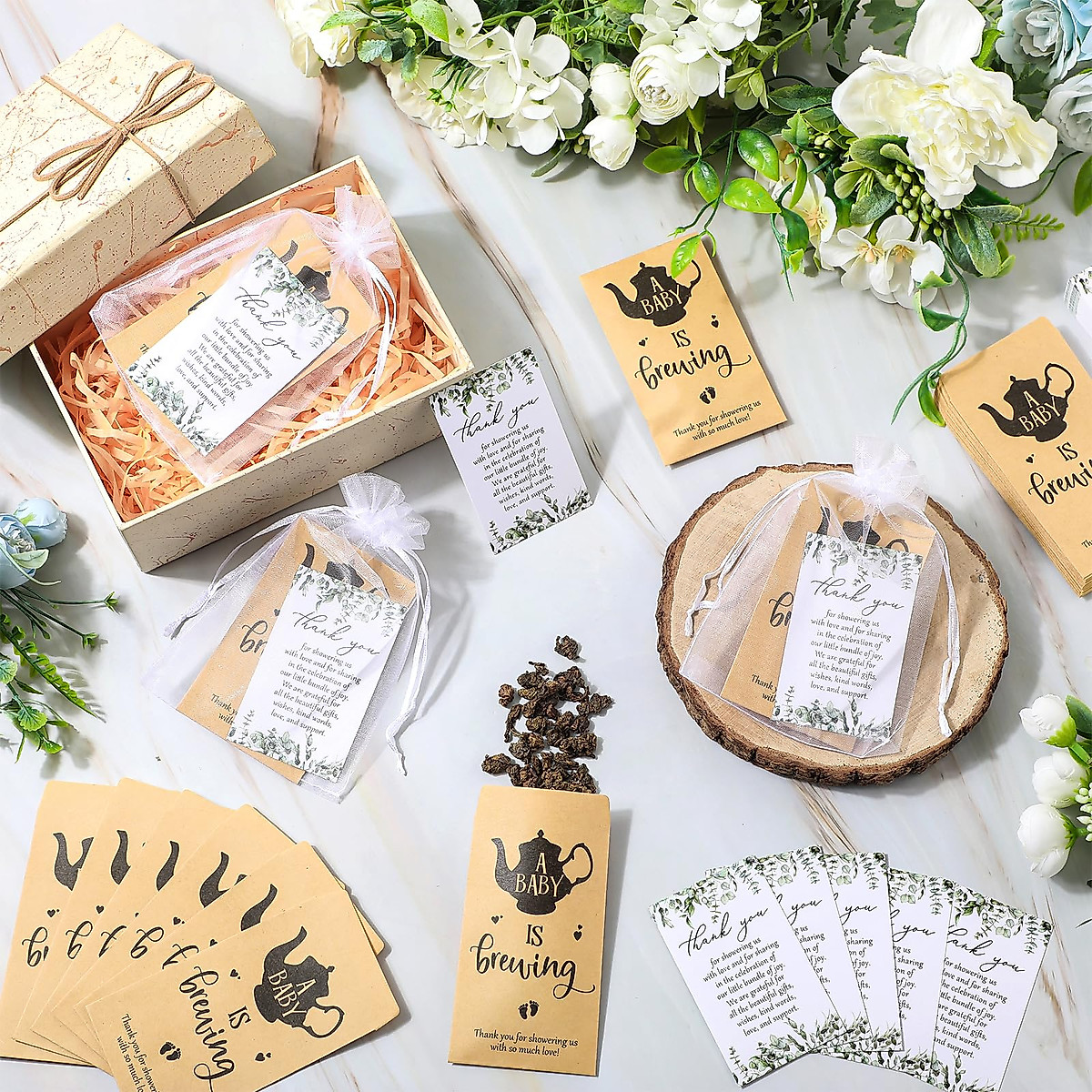 Chivertion 50 Sets Tea Party Baby Shower Decorations Include 50 a Baby Is Brewing Tea Bags 50 Thank You Cards and Organza Bags Baby Shower Favor Thank You Gifts for Guests, No Tea(Eucalyptus Leaf)