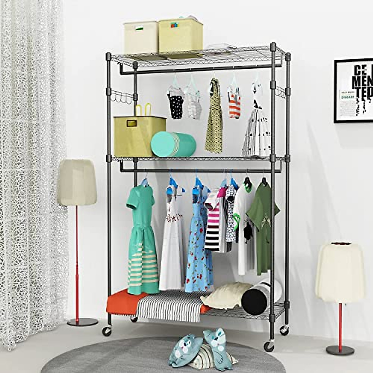 Heavy Duty Garment Rack on Wheels, Portable Clothes Racks for hanging clothes, Simple Sturdy Wardrobe Rack with Double Hanging Bar, 2 Hanger Hooks - Hold Up to 400Lbs (Black, 2Rod 2Hook)