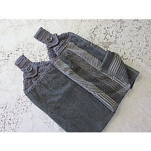 Set of 2 Gray Doubled Chevron Design Hanging Kitchen Towels with Gray Cotton Crochet Top - Best Quality