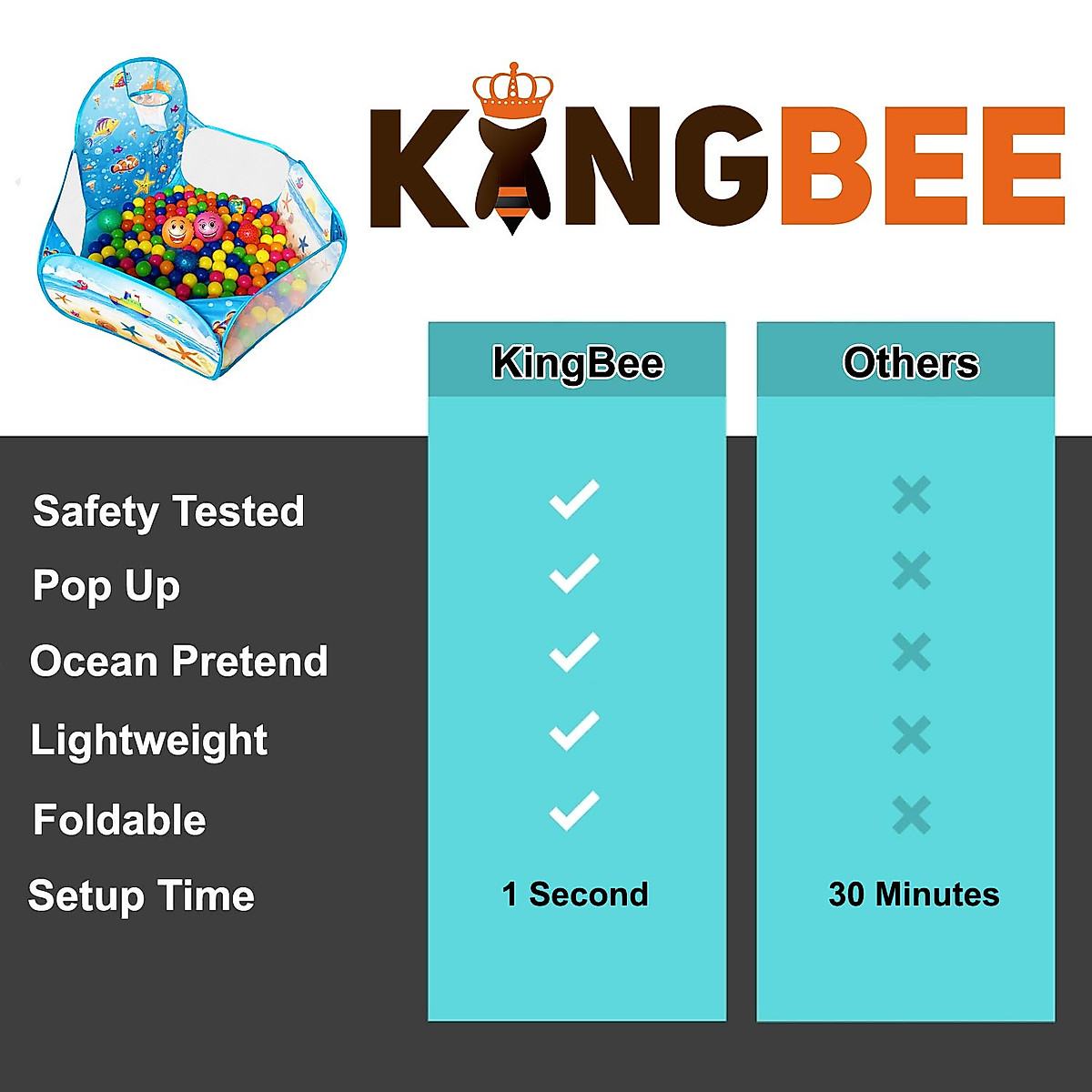 KingBee Ball Pit Pop Up Children Play Tent, Ocean Pool Baby Toddler Playpen with Basketball Hoop - Toys Gifts for Kids Girls Boys 3 4 5 6 Year Old - Balls Not Included (Blue)