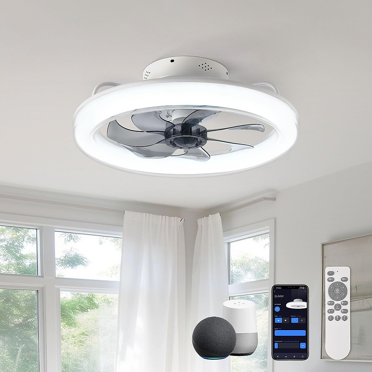 Orison Smart Ceiling Fans with Lights, 20'' Low Profile Ceiling Fan with Remote and App Control, Flush Mount Ceiling Fan with Voice Control, Compatible with Alexa & Google Home (White)