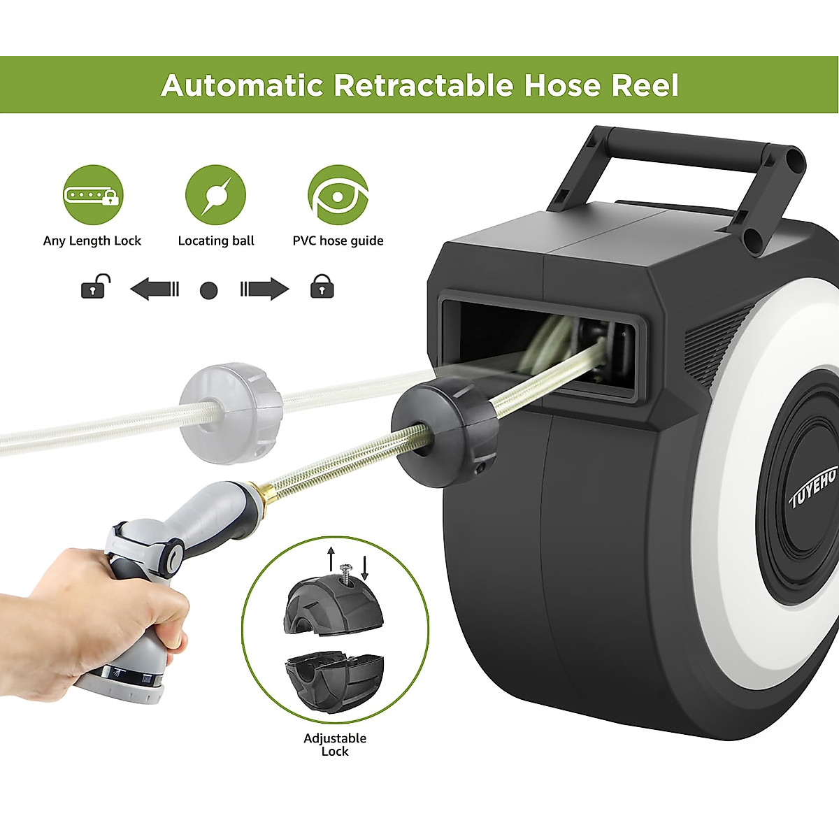 Tuyeho Retractable Garden Hose Reel 90 FT, Wall Mount Heavy Duty Water Hose Reels with Automatic Slow Rewind System, Outdoor Hoses Reel with 2 Hose Nozzles for Garden Watering, Car Wash, Pet Shower