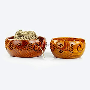 Premium Rosewood Crafted Yarn Storage Bowls with Decorative Carved Handmade Grills - Knitting & Crochet Accessories Supplies (Set)