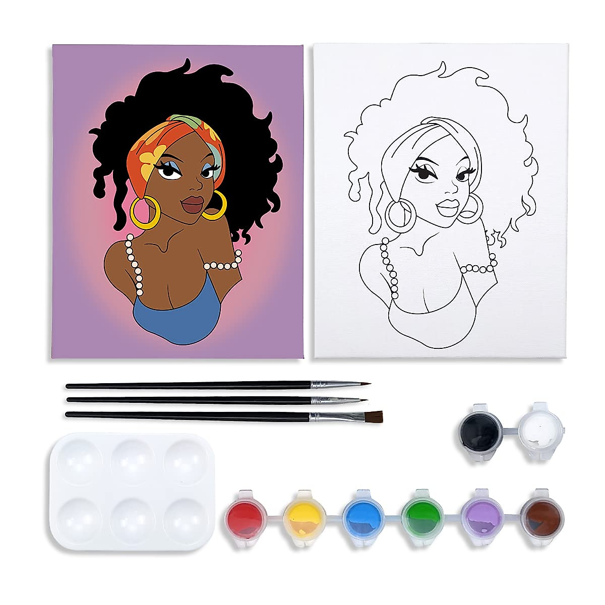 VOCHIC Canvas Painting Kit Pre Drawn Canvas for Painting for Adults Party Kits Paint and Sip Party Supplies 8x10 Canvas to Paint Afro Queen 8 Acrylic Colors,3 Brush,1 Pallet Paint Art Set