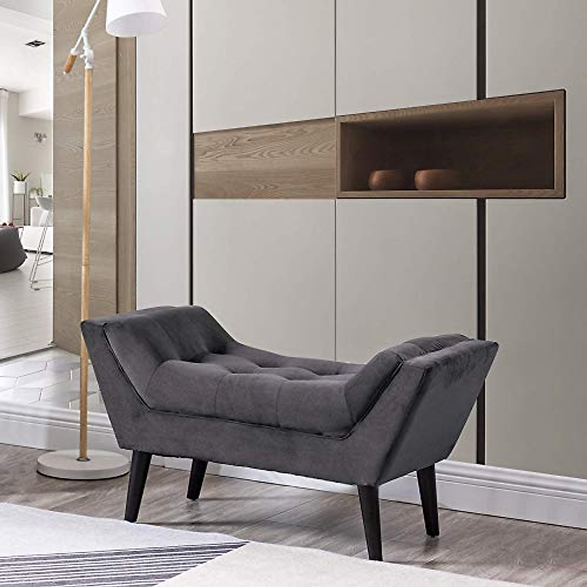 Alunaune Tufted Ottoman Bench Upholstered Entryway Bench Modern Fabric Footstool for Hallway with Wooden Legs-Dark Gray