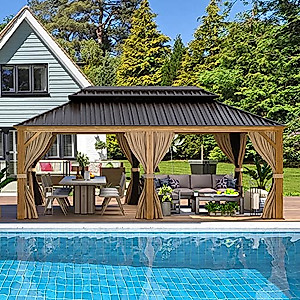 EROMMY 12' x 20' Gazebo, Wooden Finish Coated Aluminum Frame Canopy with Double Galvanized Steel Hardtop Roof, Outdoor Permanent Metal Pavilion with Curtains and Nettings for Patio, Backyard and Deck