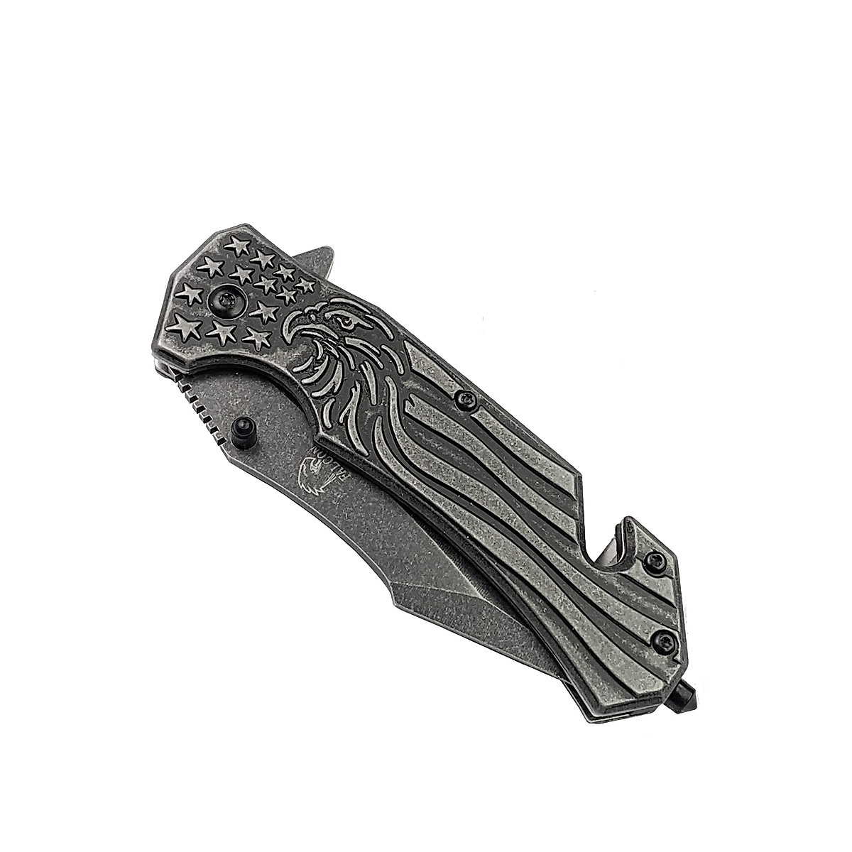 Falcon 8" U.S American Flag Eagle Engraved Assisted Open Tactical Stainless Steel Folding Clip Point Knife with Seatbelt Cutter and Glass Breaker